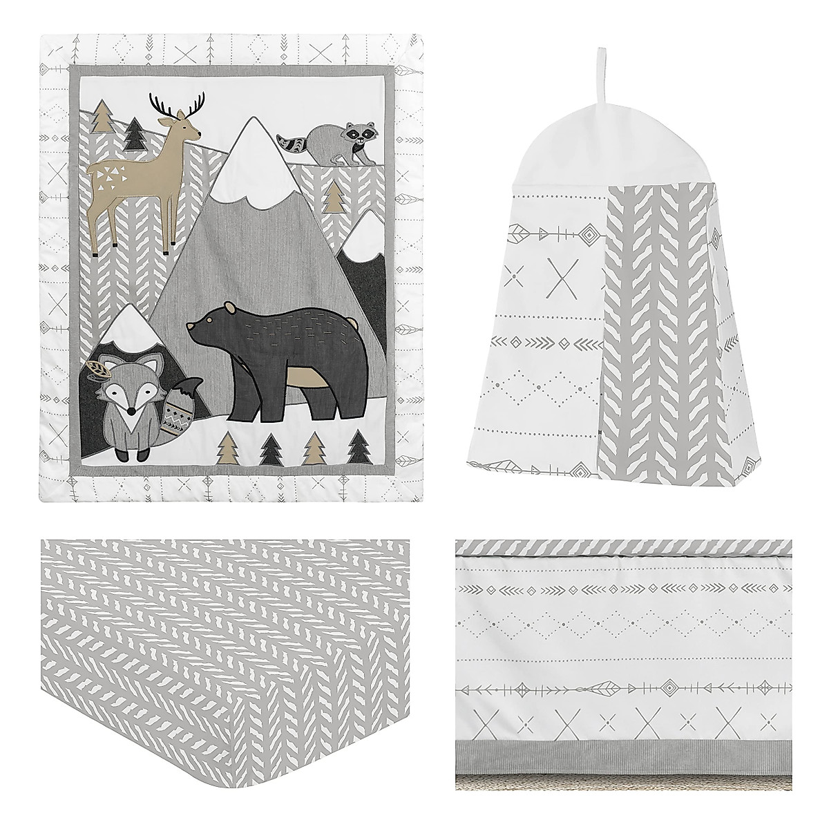Sweet Jojo Designs Beige, Grey and White Boho Mountain Animal Gray Woodland Forest Friends Baby Unisex Boy or Girl Nursery Crib Bedding Set - 4 Pieces - Deer Fox Bear