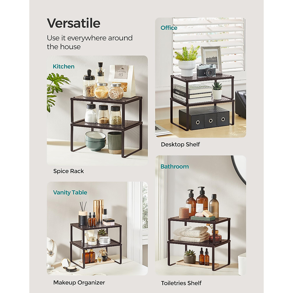 SONGMICS Cabinet Shelf Organizer, Stackable, Expandable, Set of 4 Metal Kitchen Counter Shelves, Brown UKCS06BR