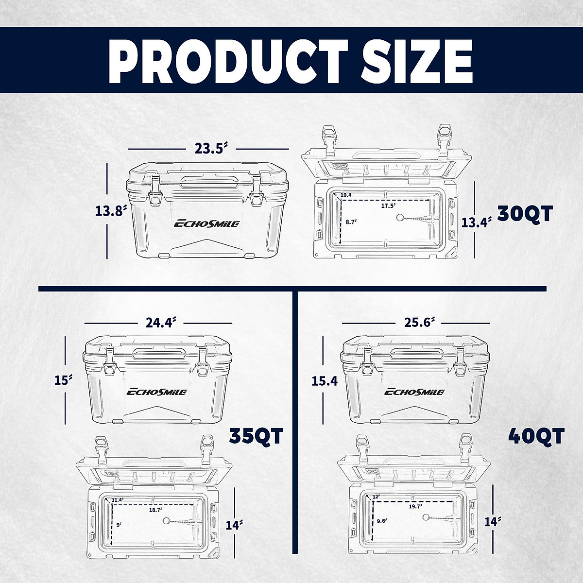 EchoSmile 25/30/35/40/75 Quart Rotomolded Cooler, 5 Days Protale Ice Cooler, Ice Chest Suit for BBQ, Camping, Pincnic, and Other Outdoor Activities (White, 30QT)