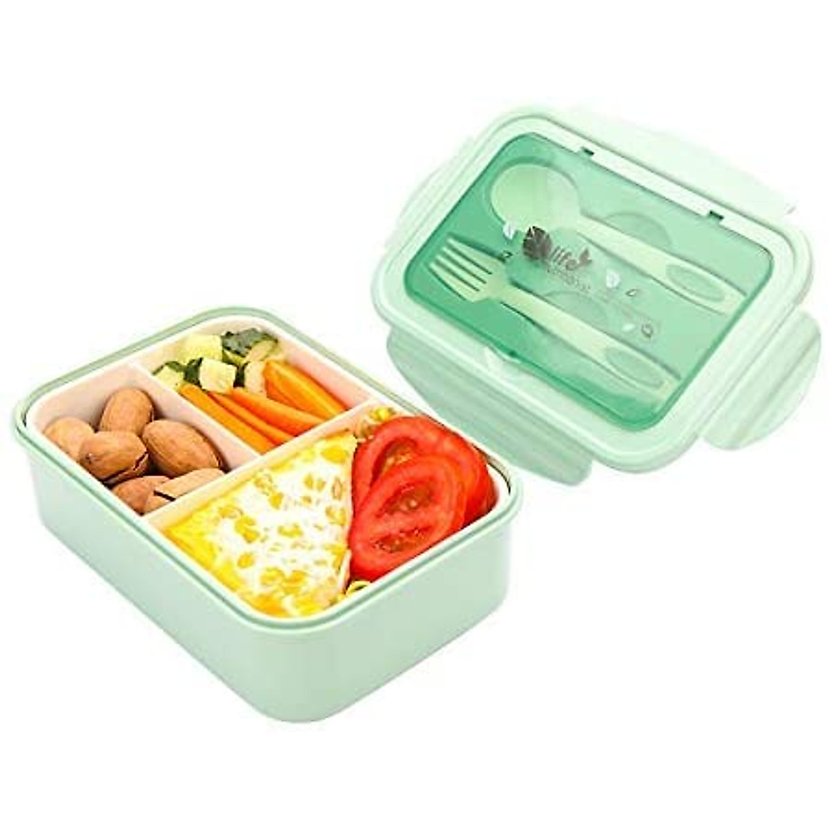 Bento Box, Lunch Box for Kids Adults, 3 Compartment Bento Lunch container, Food Storage Container Boxes, BPA Free On-the-Go Meal Prep Containers, Microwave/Dishwasher/Freezer Safe (Green)
