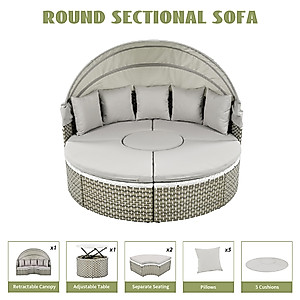 Merax Patio Conversation Set, 5-Piece Outdoor Furniture Round Sectional Sofa Set Rattan Daybed Two-Tone Weave Sunbed with Retractable Canopy, Gray