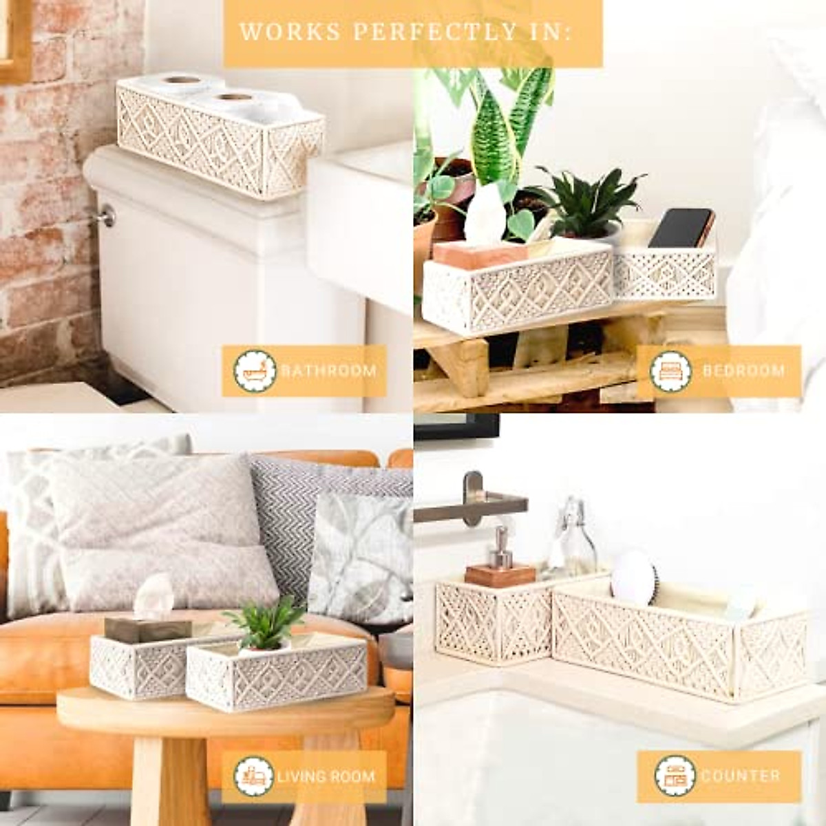 Livalaya Macrame Storage Baskets and Decorative Bins with Lining, Woven Boho Basket Box Organizers for Bathroom Countertop and Toilet Paper Holder, Bedroom, Baby Nursery and Home Organization Set of 2, US Brand