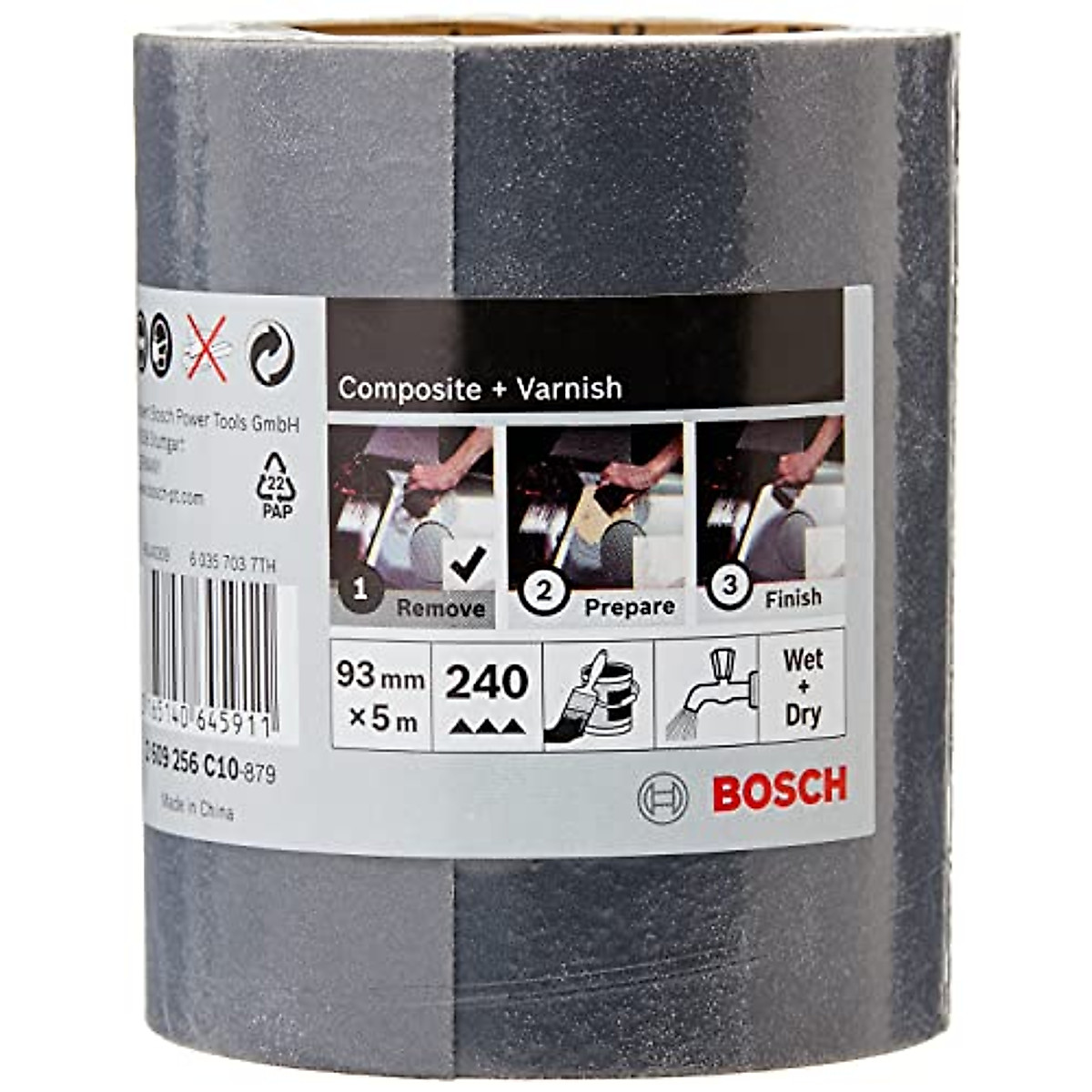 Bosch Professional 1x Sanding Roll SiC (for Coated material, Lacquer, Waterproof, 93 mm x 5 m, P240, Accessory Hand Sanding)