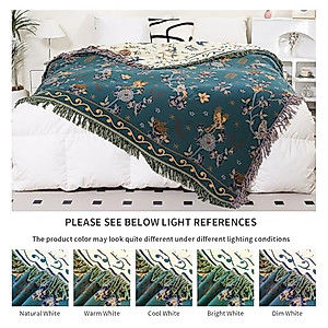 VANJOROY Boho 100% Cotton Large Throw Blanket - All Season Rustic Ultra Soft Breathable Floral Bird Blanket for Bed Sofa Couch Chair Bedspread Quilt Gift, 60" x 80"-Teal,Beige