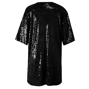 KIRJAUDU Women Sequin Glitter Letter Print 3/4 Sleeve Round Neck Party Club Mini T Shirt Dress Black M
