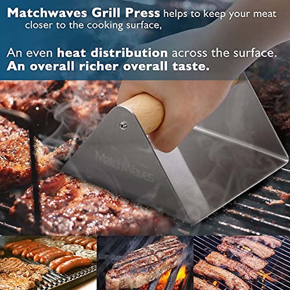 Matchwaves Burger Smasher, Stainless Steel Burger Press for Griddle, Non-Stick Grill Press - No Rust & Easy to Maintain