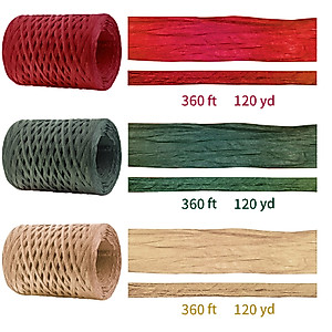 CREATRILL Raffia Ribbon Red Green Natural 3 Rolls 1080 Feet, 360 Feet Each Roll, Paper Twine Wrapping Ribbon for Christmas