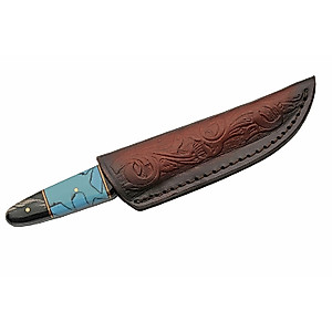 Szco Supplies 7.5" Horn/Turquoise Handle Damascus Steel Outdoor Hunting Knife with Sheath