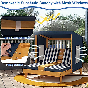 Costzon Kids Lounge Chair Outdoor, Wood Double Seat Chaise Lounge with Canopy, Cup Holders, Cushion, Backrest Recliner, Kids Patio Furniture, Gift for Boys Girls 3-8 Years Old