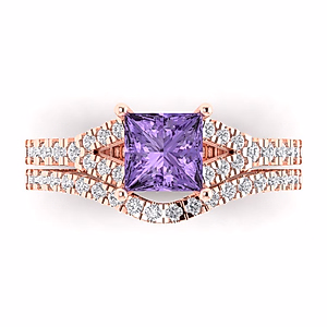 Clara Pucci 1.71 carat Princess Shape Solitaire Alexandrite Wedding Anniversary Bridal Engagement Ring Band set 14k Rose Gold 6.5
