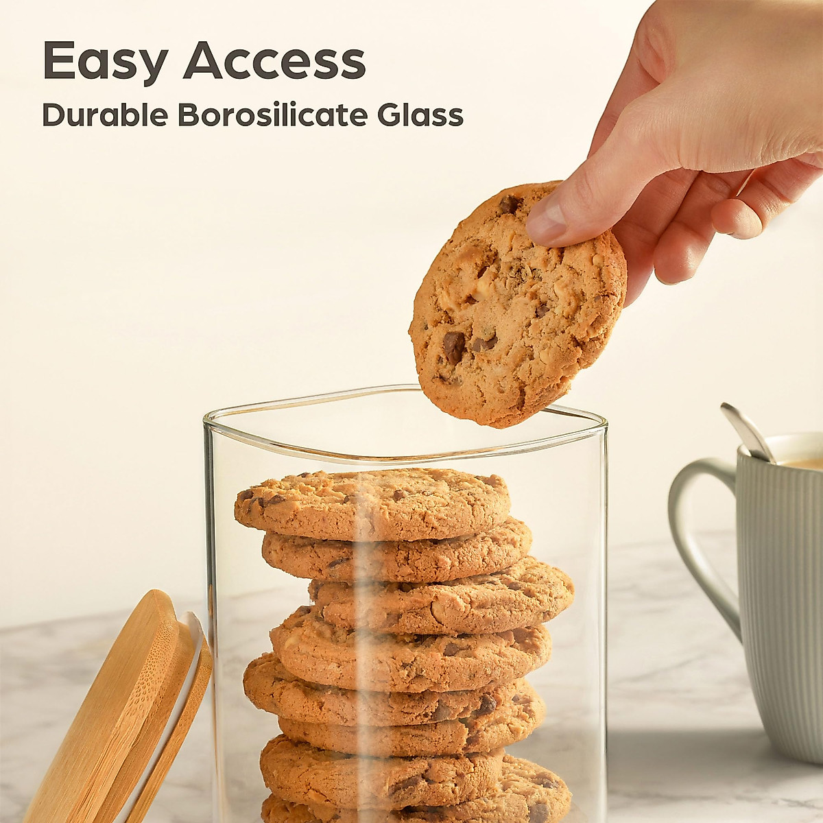 Praknu Kitchen Storage Jars 34oz - Set of 3 Bamboo Lid Storage Containers - Square Glass Food Storage Jars - Airtight Glass Pantry Storage