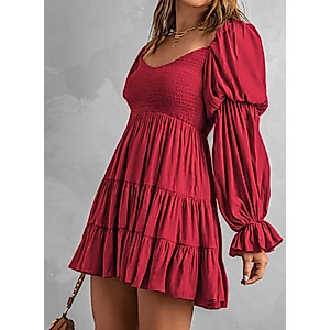 Dokotoo Womens Juniors Cute Spring Casual Summer Dress Sexy Off The Shoulder V Neck Long Sleeve Ruffle Solid Flowy Empire Waist Mini Short Dress Party Birthday Dresses for Women Red Large