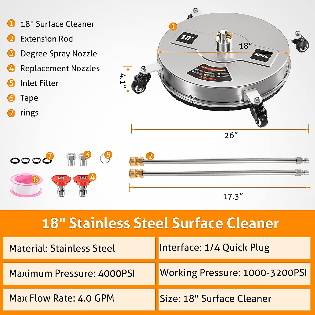 WICHEMI 1800W Multipurpose High-Temp Floor Steam Mop Steam Cleaning Machine + 18" Pressure Washer Surface Cleaner with 4 Wheels for Driveway Sidewalk Patio Concrete Cleaning