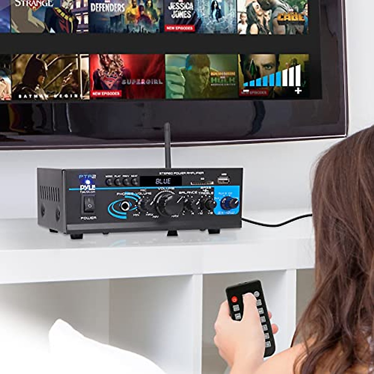 Pyle Home Audio Power Amplifier System - 2X40W Bluetooth Mini Dual Channel Mixer Sound Stereo Receiver Box w/ AUX, Mic Input - For Amplified Speakers, PA, CD Player, Theater via RCA, Studio Use - PTA2