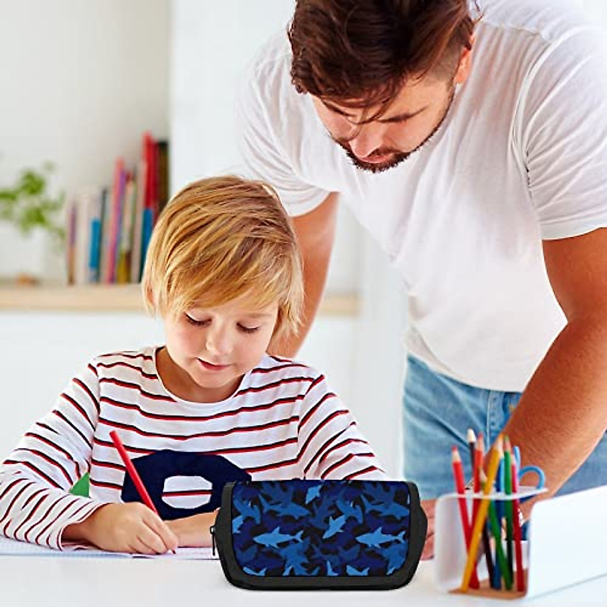 Blue Camo Sharks Large Capacity Pencil Case Multi-Slot Pencil Bag Portable Pen Storage Pouch with Zipper