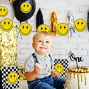 AnyDesign 16Pcs One Happy Dude Party Favor Bags Smile Face Paper Gift Bags with Handles Bulk Checkered Grocery Treat Bags Candy Goodies Bags for Baby Shower First Birthday Party Decor Supplies
