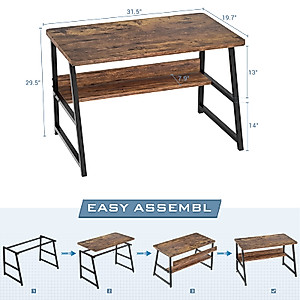 Topfurny Computer Desk 32 Inch Modern Sturdy Writing Desk with Bookshelf Study Table Desk with Metal Legs Industrial Table for Home Office for Small Space, Rustic Brown