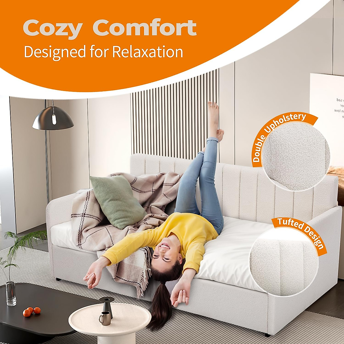 LifeSky Home Daybed Twin for Kids - Boucle Tufted Day Bed Frame with Storage for Living Room Bedroom - Upholstered for Aged 5+ White