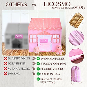 Large Cotton Tent for Kids - 50"x43"x63" Indoor Playhouse with Wooden Frame & Battery Lights, Kids Tent with Carry Bag, 3 Windows & 2 Pockets, CPSC Certified Play House for Girls and Boys