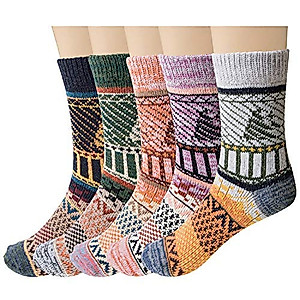 Loritta 5 Pairs Womens Wool Socks Thick Warm Soft Winter Knit Cozy Crew Socks Christmas Gifts,E-Stripe