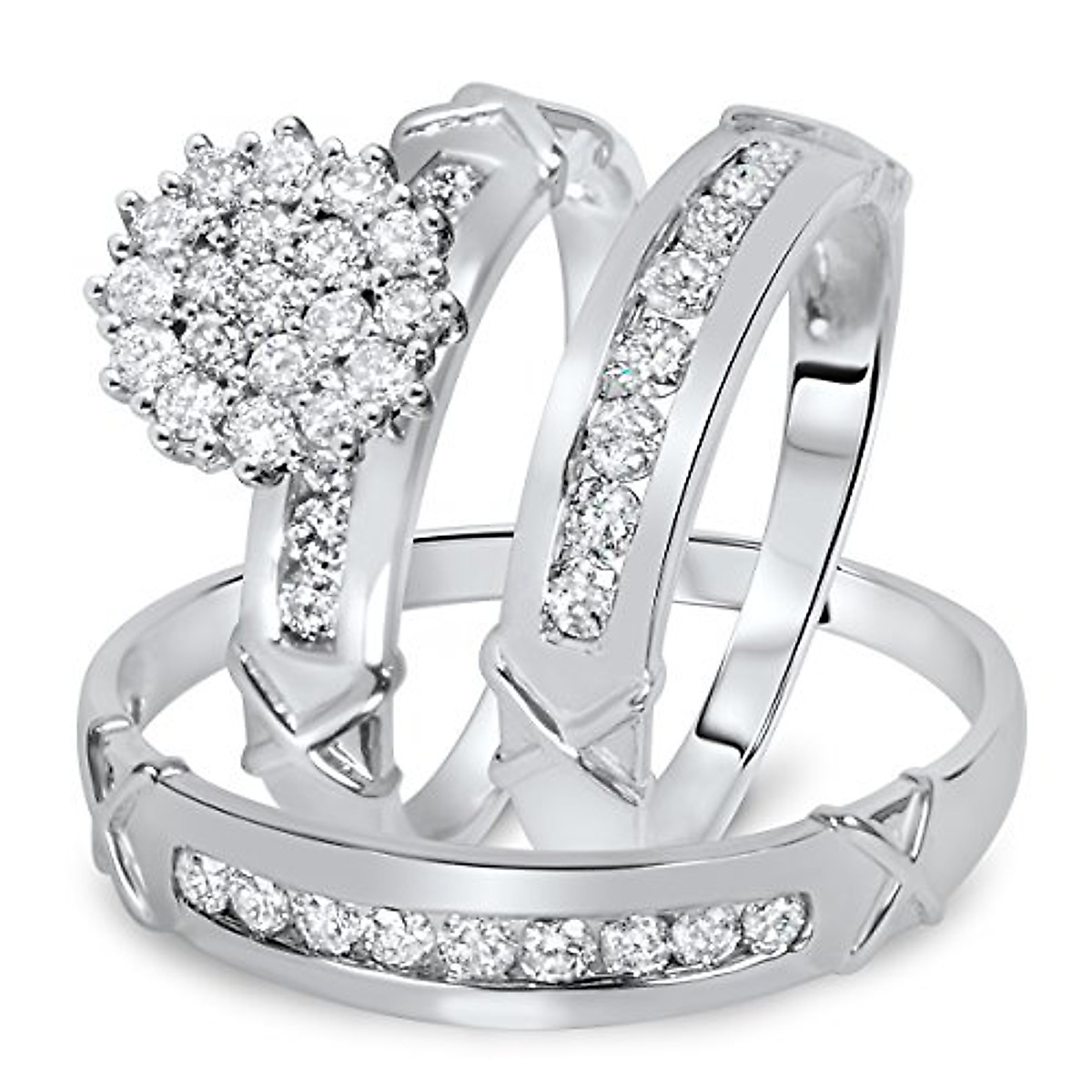 jsjewels 1 1/5 CT Sim Diamond Her & His Engagement Wedding Trio Ring Set in 14K White Gold Fn