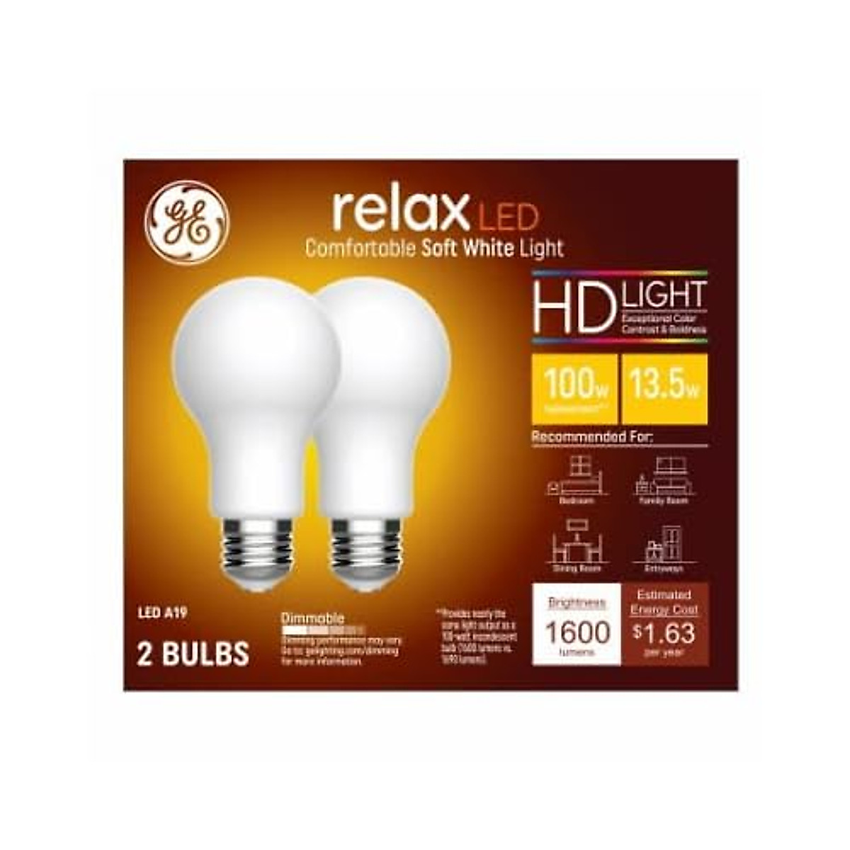 GE Lighting 93129807 Relax HD LED Light Bulbs, Soft White, 1600 Lumens, 17-Watts, 2-Pk. - Quantity 1