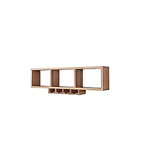 PIBM Shelf Wall-Mounted Wine Rack and Glass Holder, Oak Wine Storage Rack, Vintage Home and Kitchen Bar Decoration Accessories, Shelf and Inverted High Glass Wine Rack, Wood Color , a