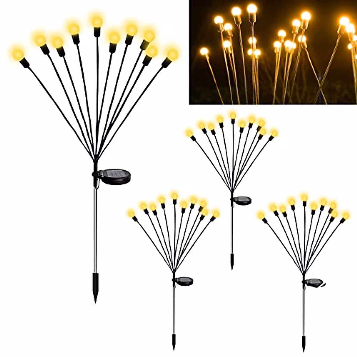 10 LED Firefly Garden Lights Solar Powered, Starburst Swaying Lights Outdoor, Auto Switch, 600 mAh Ni-Mh Battery Solar Charging, IP65 Waterproof Landscape Lights for Yard Pathway - Warm Color, 4 Pack