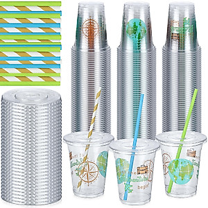 Sliner 60 Pcs Adventure Awaits Party Cups 12 oz Voyage Party Tableware Plastic Cups with Lids and Paper Straws for World Travel Themed Birthday Graduation Baby Shower Party Supplies 60 Guests