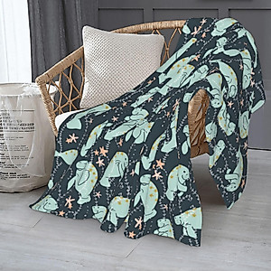 Plush Fluffy Throw Blanket Cute Manatee Sea Animals Starfish Bed Blanket for Boys Girls Teens Smooth Soft Flannel Blanket for Sofa Chair Office Travel Camping Outdoor Home Decor 50"x60"
