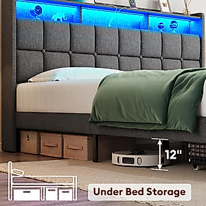 Dolonm LED King Size Bed Frame with 2 Storage Drawers, Upholstered King Bed Frame and Headboard with Charging Station, No Box Spring Needed, Easy Assembly, Dark Gray