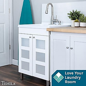 White Utility Sink in White Vanity, Stainless Steel Pull-Down Sprayer Faucet, Soap Dispenser and Spacious Cabinet by JS Jackson Supplies for Garage, Basement, Shop and Laundry Room