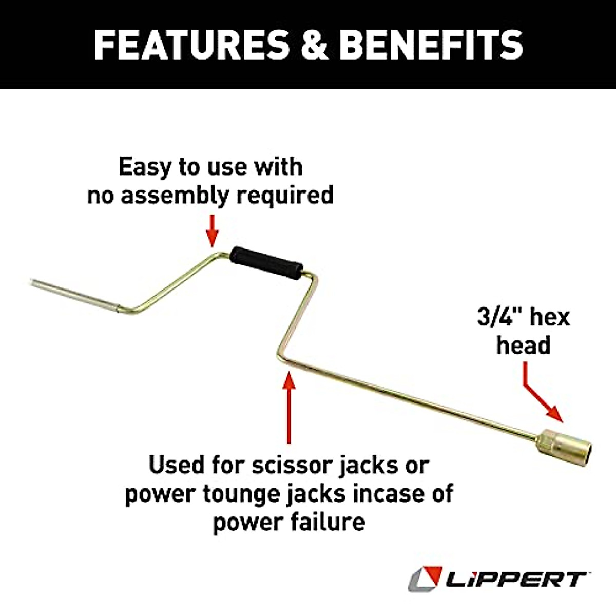 Lippert Manual Crank Handle for Scissor Jacks and Tongue Jacks — Retracts Lippert Landing Gear and Slide-Out Assemblies - Suitable for Power Tongue Jacks During Power Failure — 285324