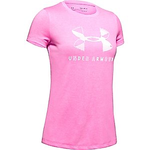 Under Armour Girls' Big Logo Twist Short Sleeve Training Workout T-Shirt, Pink Craze Medium Heather (646)/White, Youth Large