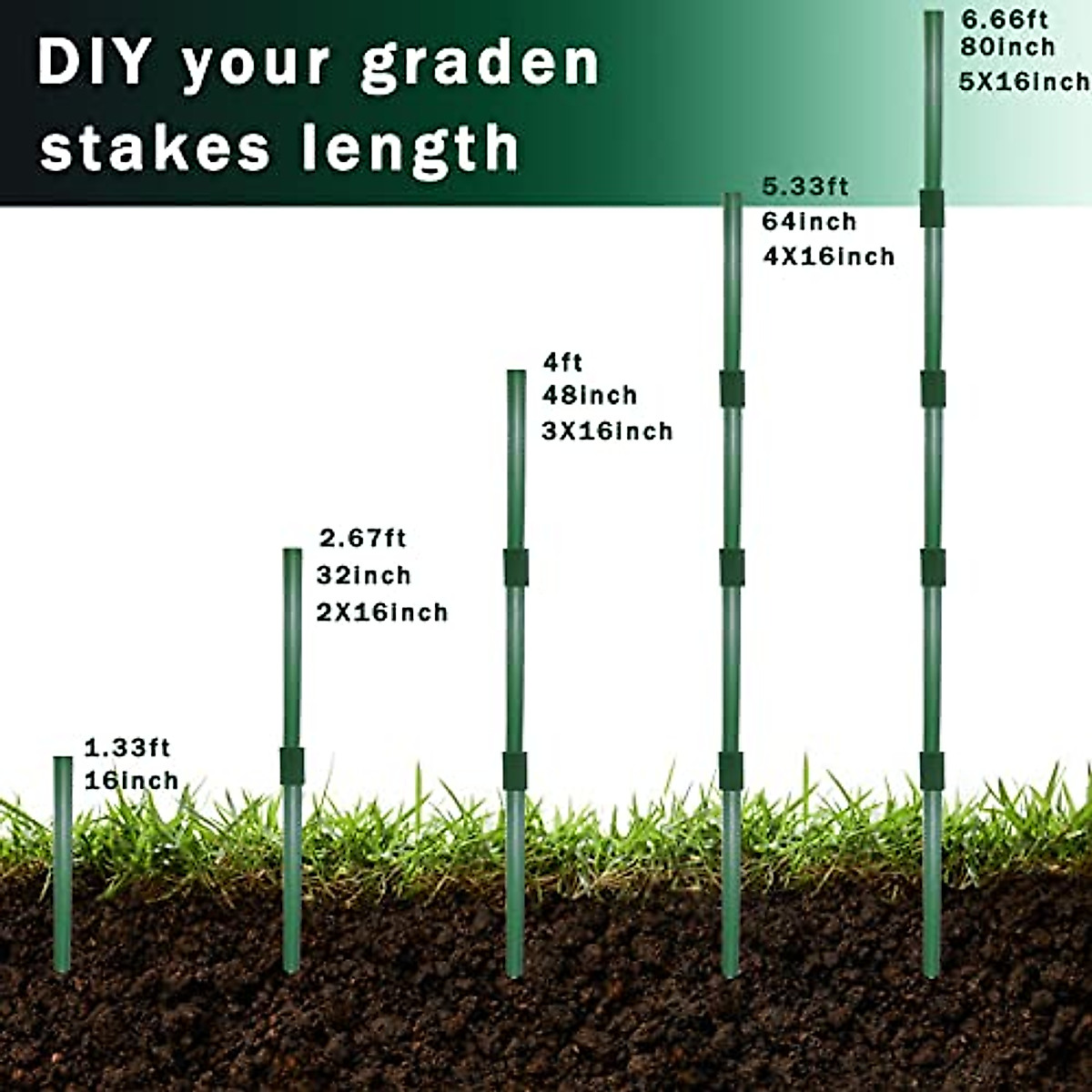 7/16" Garden Stakes,30pcs 16" Plant Stakes DIY 3ft 4ft 5ft 6ft Plant Support Sticks,Plant Support Stake with Sturdy Steel Core to Build Plant Trellis for Outdoor Garden Vegetables