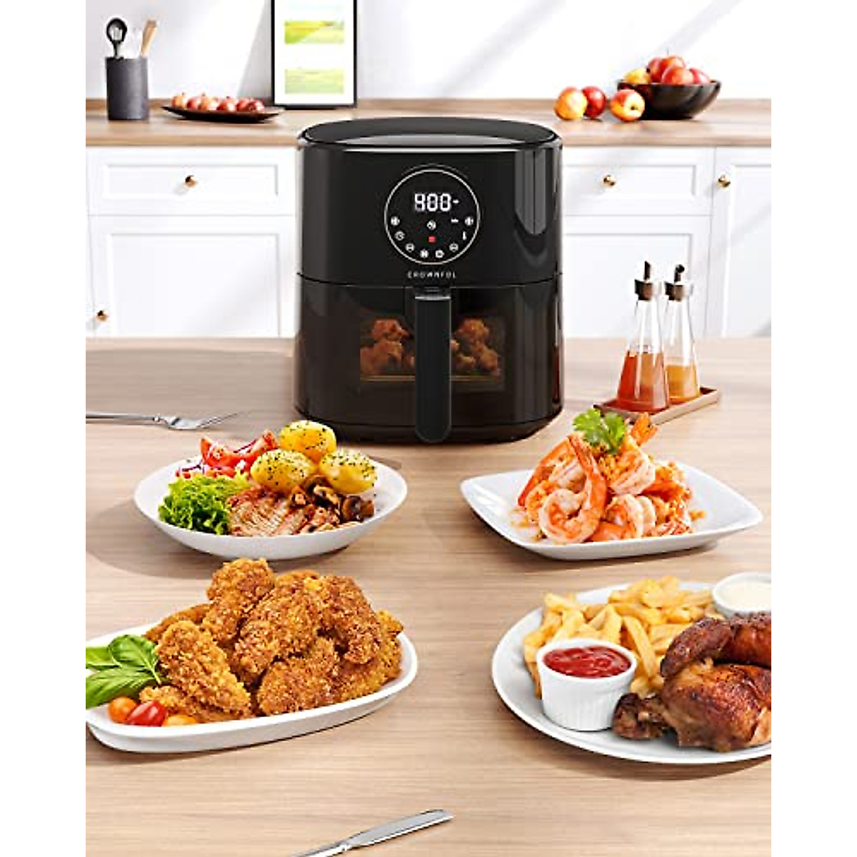 CROWNFUL 5 Quart Air Fryer with Viewing Window, Oilless Cooker, LCD Digital Touch Screen, 7 Cooking Presets and 53 Recipes, Nonstick Basket, Easy to Clean, 1500W ETL Listed (Black)