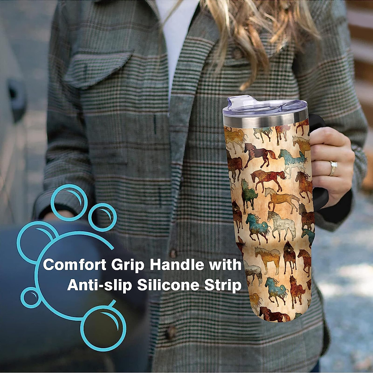 puhnhsv 30 oz Horse Tumbler With Handle and Straw, 30oz Insulated Stainless Horse Tumbler Coffee Travel Mugs Cup Water Bottle Horse Lovers Gifts for Women Girls