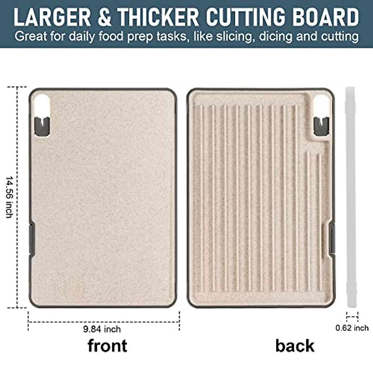 BSSuperU Plastic Cutting Boards for Kitchen with Ridge, Multifunctional Non Slip Upright Chopping Board with Juice Groove and Build in Sharpener Grater