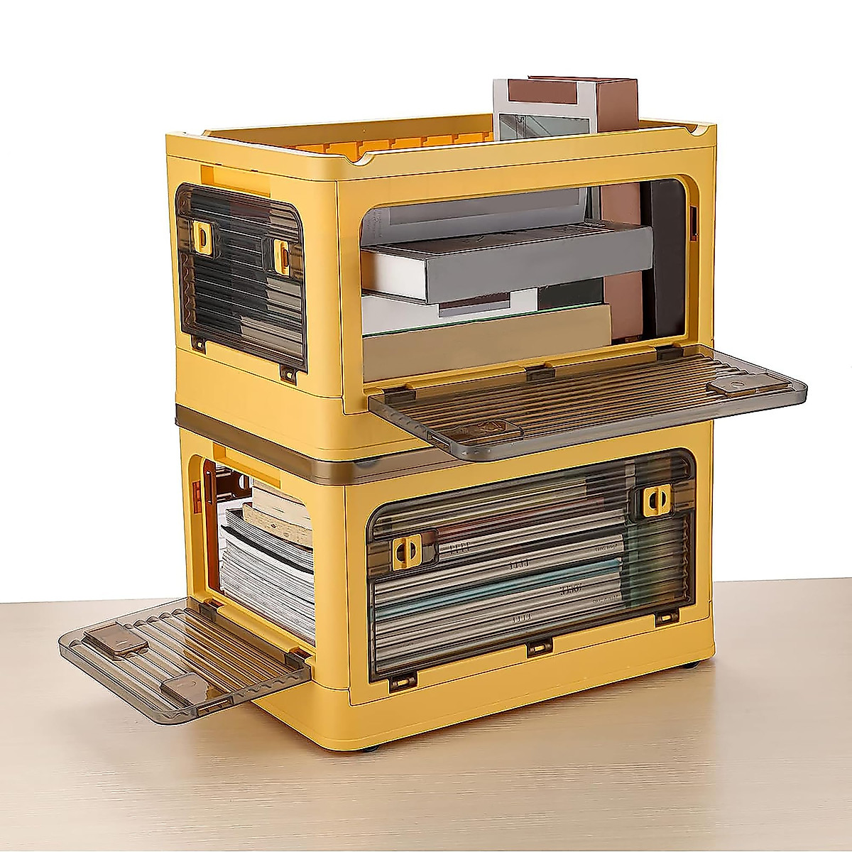 Aimisin Folding Storage Bins, 28 Liters, 2 Pcs Green Plastic Storage Containers with Wheels, Four Doors, Foldable, Stackable, Plastic Box with Lids for Organization, Storage Cart