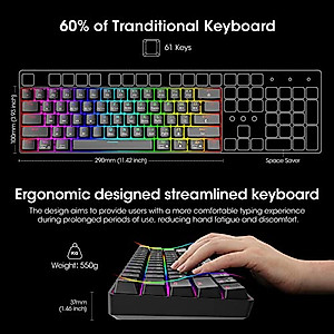 KOORUI 60% Gaming Keyboards, 61 Keys Wired Ultra-Compact Mechanical Keyboard 26 RGB Backlit with Red Switch Mini Keyboards for Windows MacOS Linux