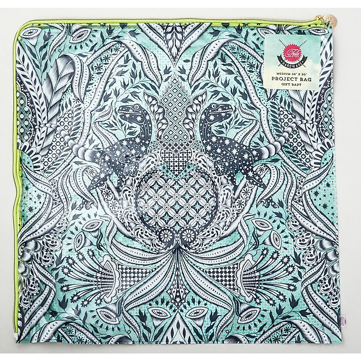 Tula Pink Gift Rapt Clear Plastic Corner Zipper Project Bag, XL 20 x 20 inches, with Raptor Dinosaur Design for Sewing, Quilting or other Storage Use, Green/clear