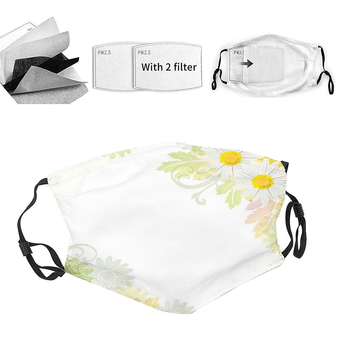 SARNFANS Flower Reusable Adults Washable Face Mask Gifts,Floral Daisies Leaves with Sun,Black Adults Face Masks 3D Cover for Outdoor Sport,White and Yellow