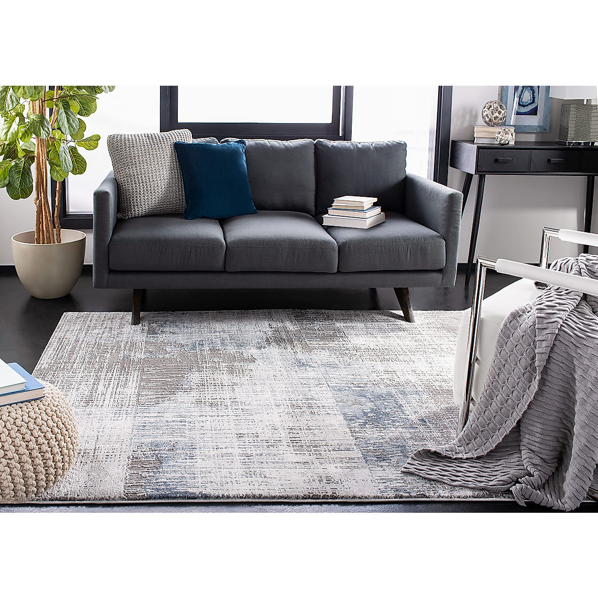 SAFAVIEH Craft Collection Area Rug - 9' x 12', Grey & Blue, Modern Abstract Design, Non-Shedding & Easy Care, Ideal for High Traffic Areas in Living Room, Bedroom (CFT874F)