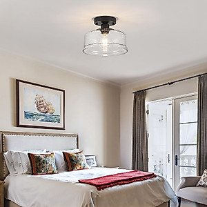 TSMKLEDAN Semi Flush Mount Ceiling Light, Modern Light Fixture Ceiling Mount with Seeded Glass Shade, Black Farmhouse Light Fixtures for Hallway Porch Bedroom Corridor Kitchen