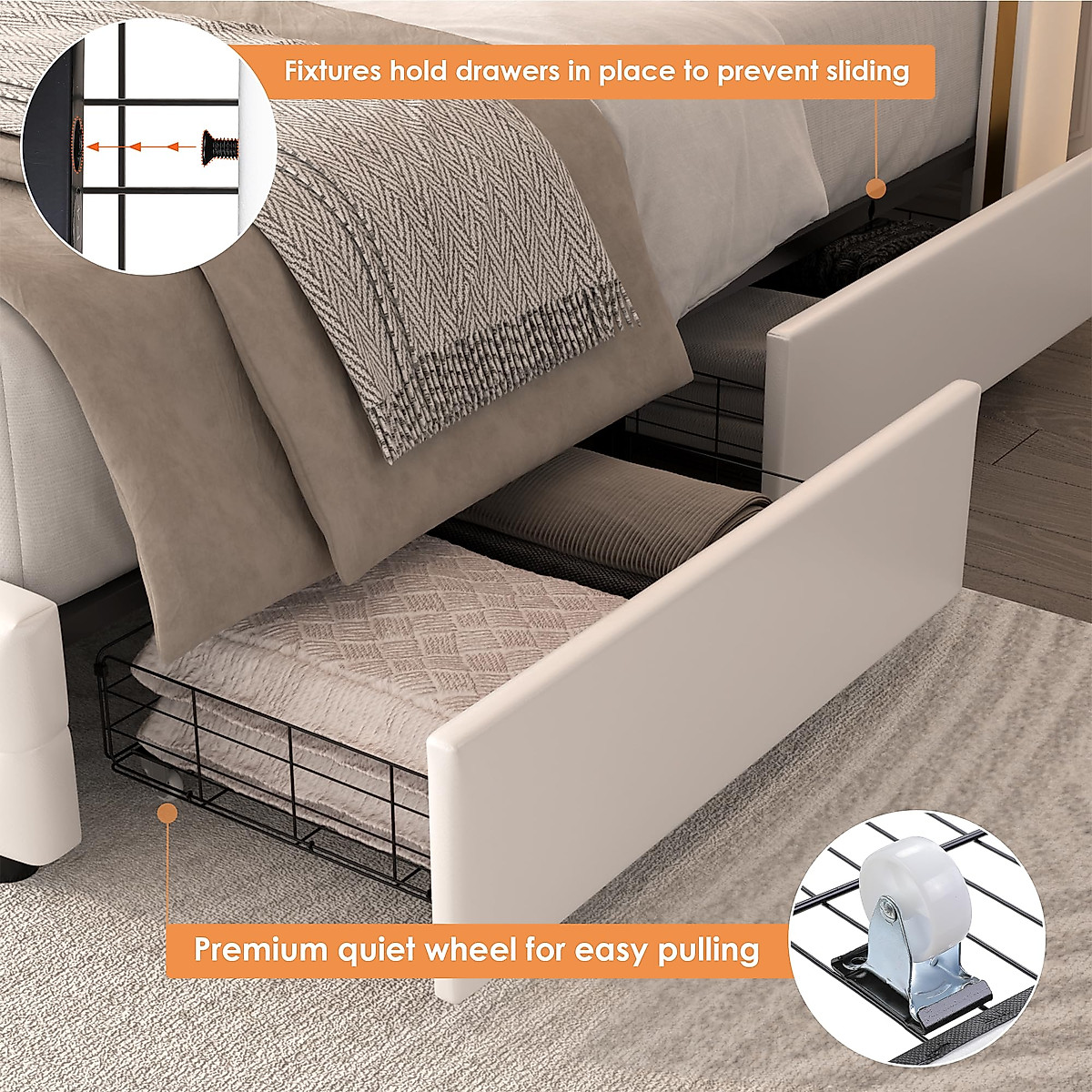 HIFIT Queen Smart LED Platform Bed Frame with 4 Storage Drawers, Crystal Button-Tufted & Stainless Gold Trim Wingback Headboard/Modern PU Upholstered White /No Box Spring Needed/Easy Assembly