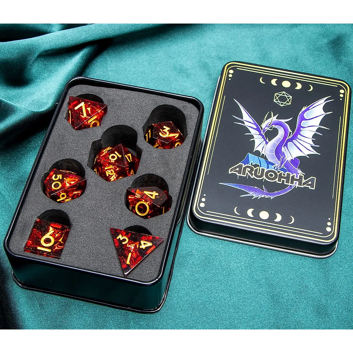 ARUOHHA DND Resin Dice Set Dungeons and Dragons Dice with Gift Box, D&D Dice Set, 7 Pcs Sharp Edge Dice Polyhedral Dice for Role Playing Game D and D Dice Inclusion Resin Dice D20 D12 D10 D8 D6 D4