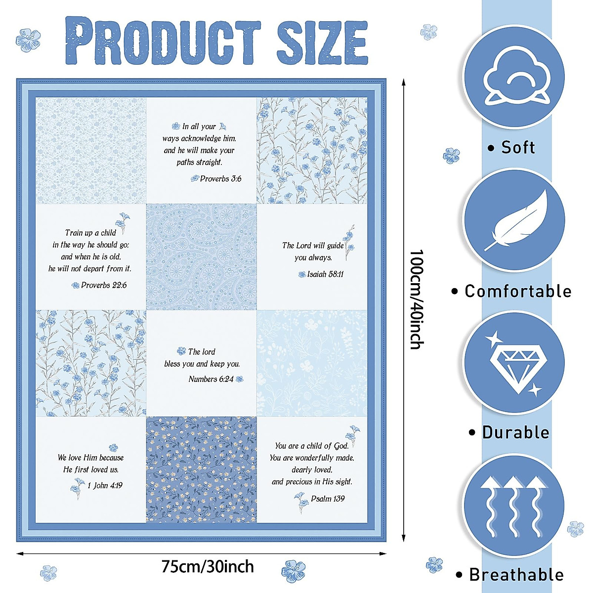 Oudain Christian Baby Blankets for Baby Blanket with Bible Verses Scripture Flowers Paisley Baby Receiving Baptism Blanket Christian Christening Gifts for Newborn Kids, 30 x 40 Inch (Blue)