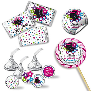 Let's Roll Star Roller Skating Birthday Party Sticker Bundle Kit - 429 Pieces!!! Includes 60 2" Circle Stickers for Favors & Bags, 45 Mini Candy Wrappers, & 324 Round Kiss Stickers by Amanda Creation