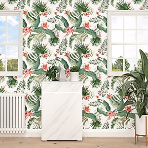 Skyblur Boho Waallpaper Vintage Floral Peel and Stick Wallpaper 17.5"X118" Tropical Banana Leaf Wall Paper Palm Removable Contact Paper for Cabinets Mural Stick on Wallpaper Home Decor for Walls