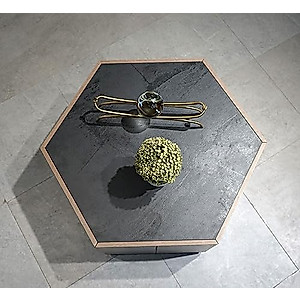 LKTART Hexagonal Rural Style Garden Retro Wood Coffee Table Cocktail Table with 2 Drawers Reception and Living Room Textured Grey Warm Oak